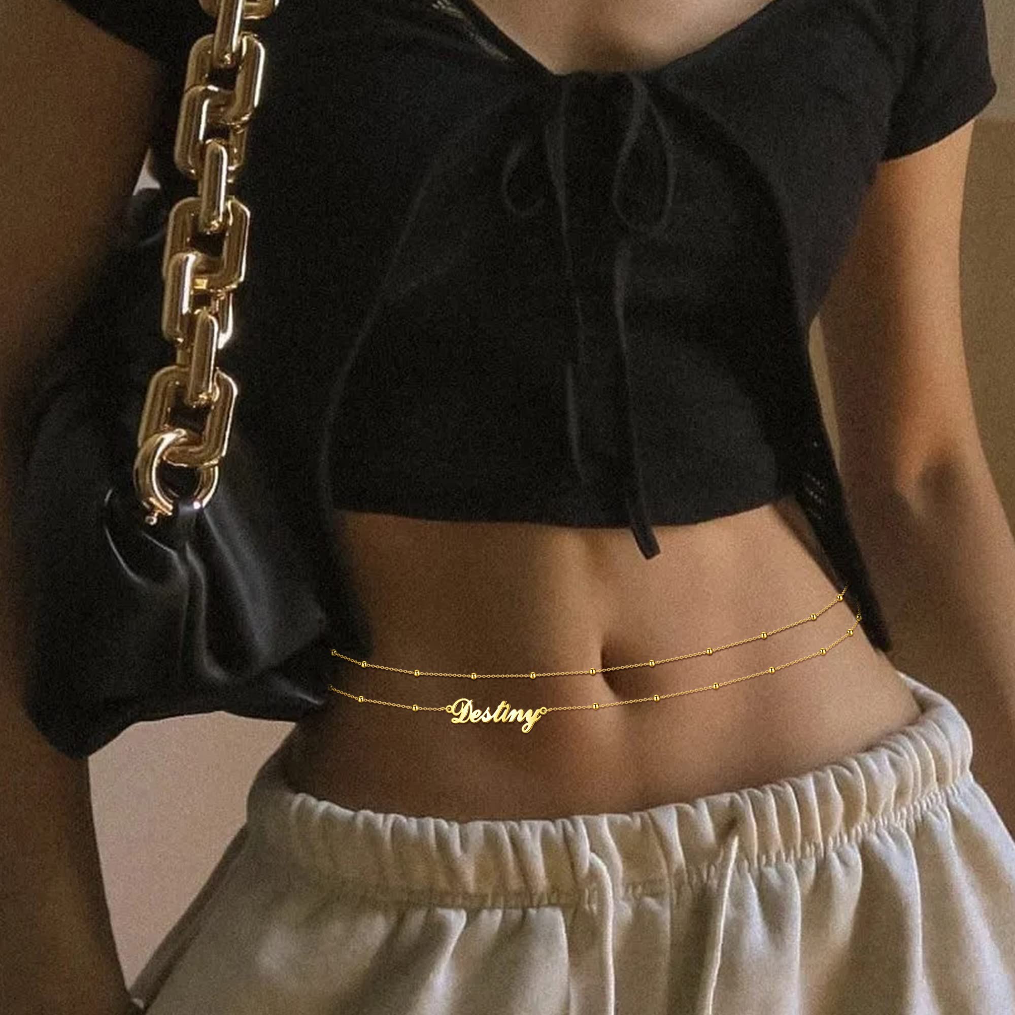 Jewenova Name Waist Chain Personalized Custom Name Date Beach Bikini Sexy Body Chain Jewelry for Women
