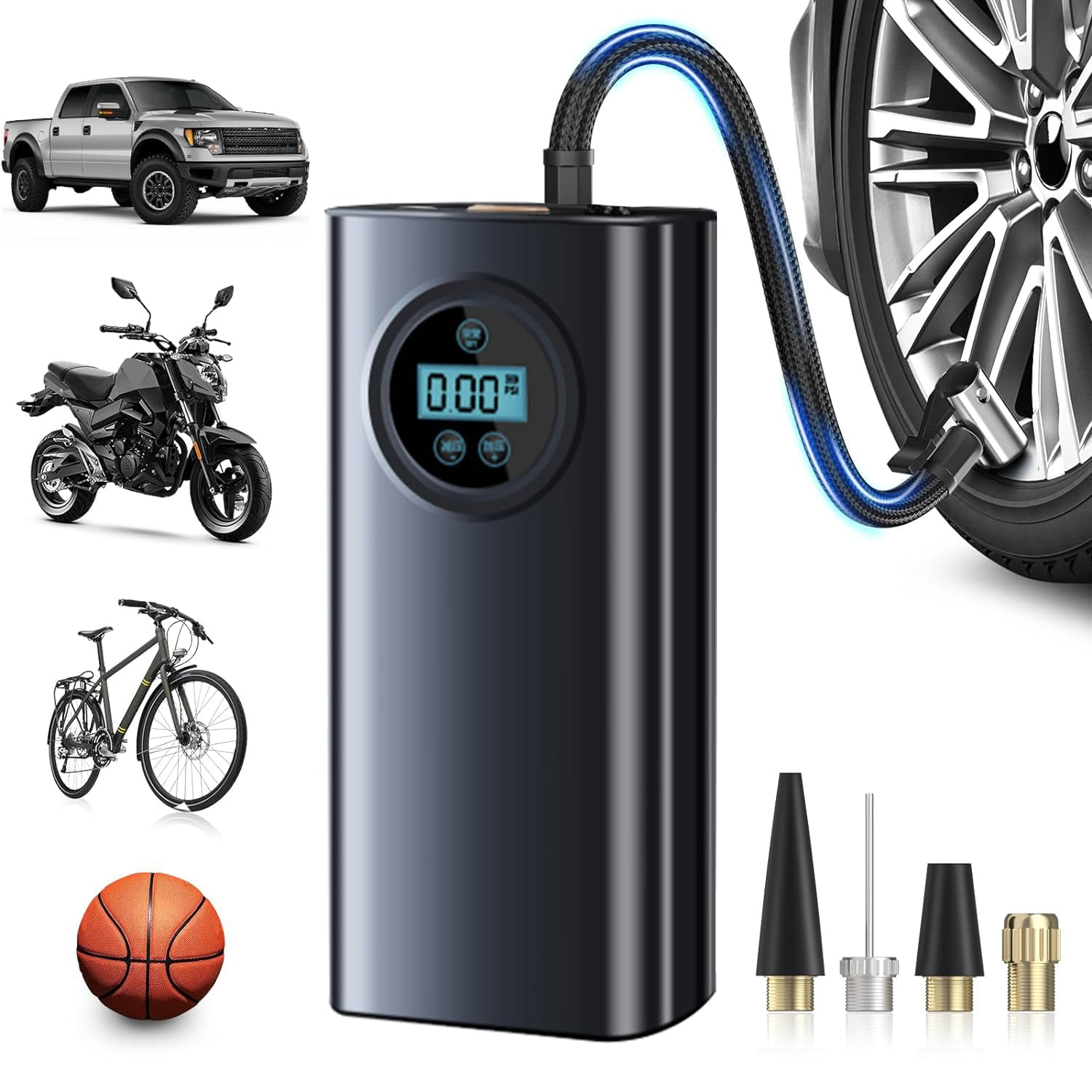 Portable Compressor Tire Inflator with LCD Display, with 3 Nozzle Adapters,Inflator for Car Tires, Motorcycle, Bike, Basketball, Other Types of inflatables A931
