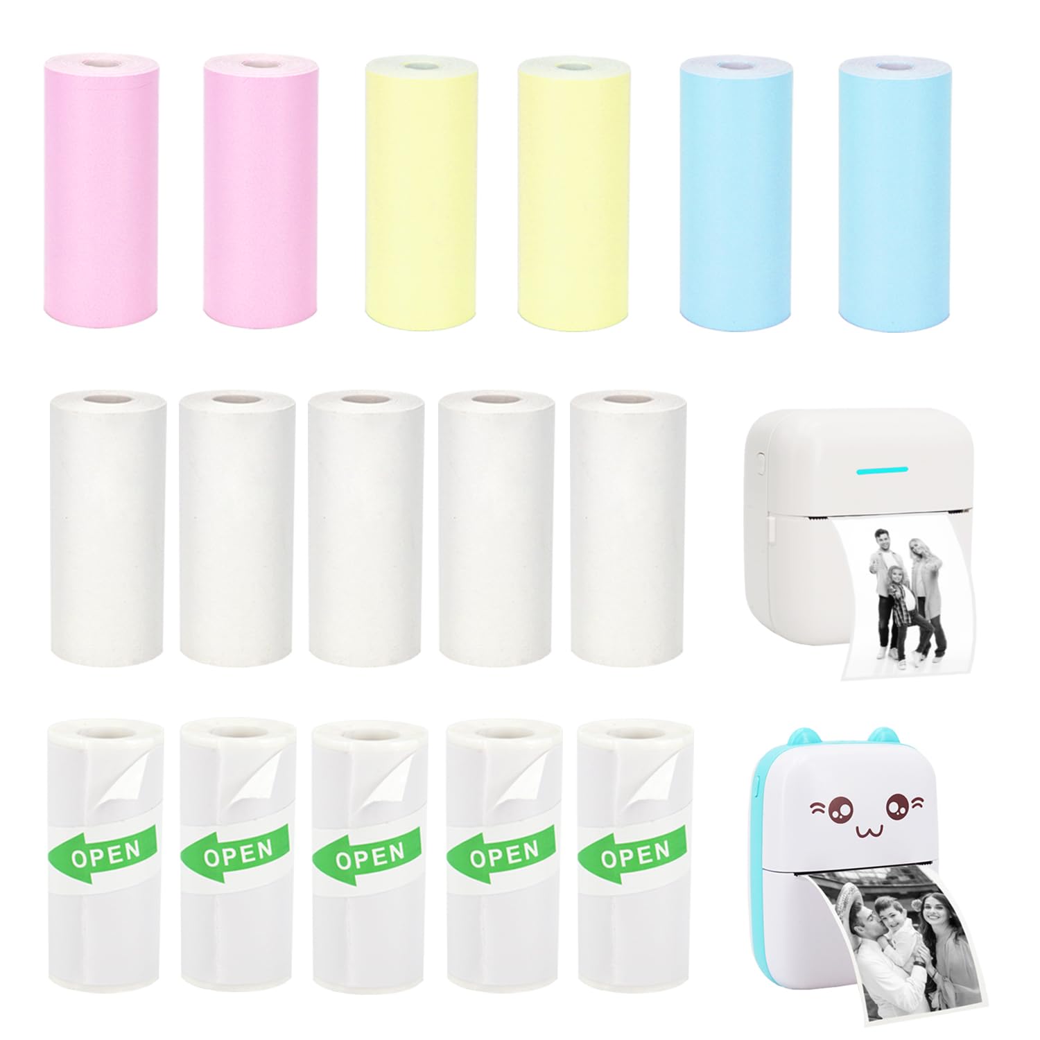 Vicbear 16 Rolls Mini Printer Paper, Including 5 Thermal Sticker Paper Rolls, 6 Colored, and 5 White Plain Paper Rolls for Mini Thermal Printer, 57x25 mm, Compatible with Most Mini Receipt Printers