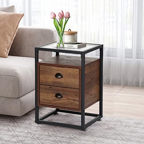 VECELO End Table, Modern Nightstand with Drawer, Night Stand Set of 2 for Bedroom Living Room,Tempered Glass, Brown/2pcs