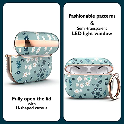 TATOFY Case Cover for AirPods Pro 2019,Stylish AirPods Pro Case for Women Girls, Flower Patterns Protective Hard Case with Clip (Cyan)