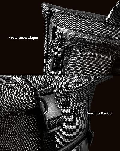 tomtoc Roll Top Laptop Backpack, Lightweight, Water-Resistant Commute Expandable Casual Daypack for 13-16 inch MacBook, Rucksack for Work College Trip, Large Capacity Adjustable 17-23L, Black
