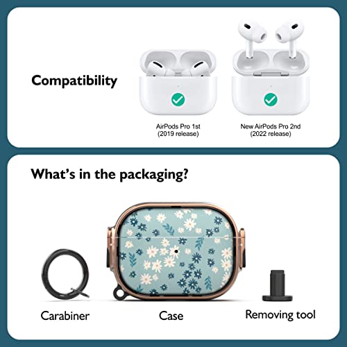 TATOFY case for AirPods Pro 2, AirPods Pro, Lock AirPod Pro 2 Case for Women, Flora Hard case with Carabiner, Support Wireless Charging, LED Visible (Cyan)