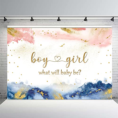 MEHOFOND 7x5ft Gender Reveal Backdrop Boy Or Girl Photography Background Watercolor Pastel Clouds Rose Gold and Royal Blue He Or She Pregnancy Reveal Surprise Party Banner Photo Studio