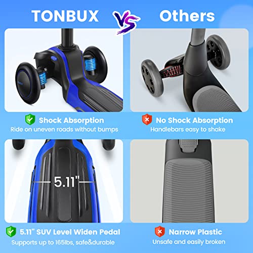 TONBUX Scooter for Kids Ages 3-5, Toddler Scooter with 4 Adjustable Heights, Kids Scooter Light Up 3 Wheels, Shock Absorption Design, Lean to Steer, Balance Training Scooter for Kids(Blue+Red)