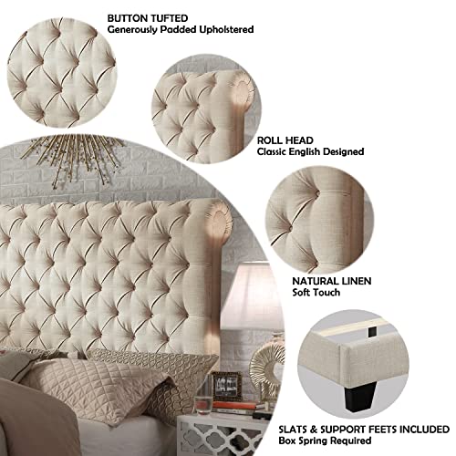 Rosevera Corrine Upholstered Bed Frame with Button Tufting Headboard/Adjustable Headboard/Rolled Head Headboard Bed Frame/Wood Slat Support/Easy Assembly,Twin,Textile Beige