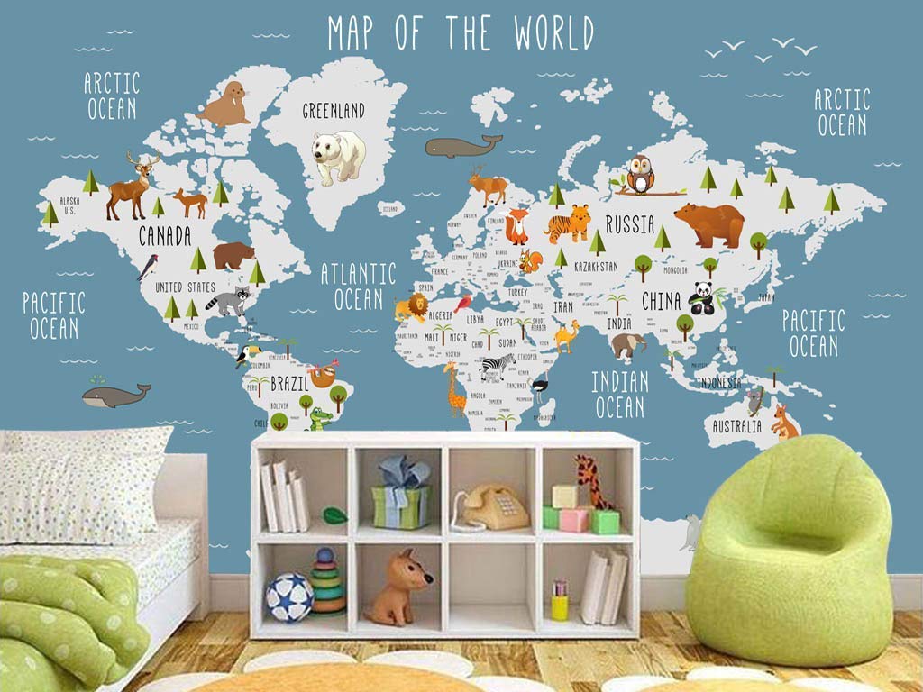 Murwall Kids Wallpaper Blue World Map Wall Mural Cartoon Animal Wall Print Nursery Wall Decor Childroom Play Room Bedroom