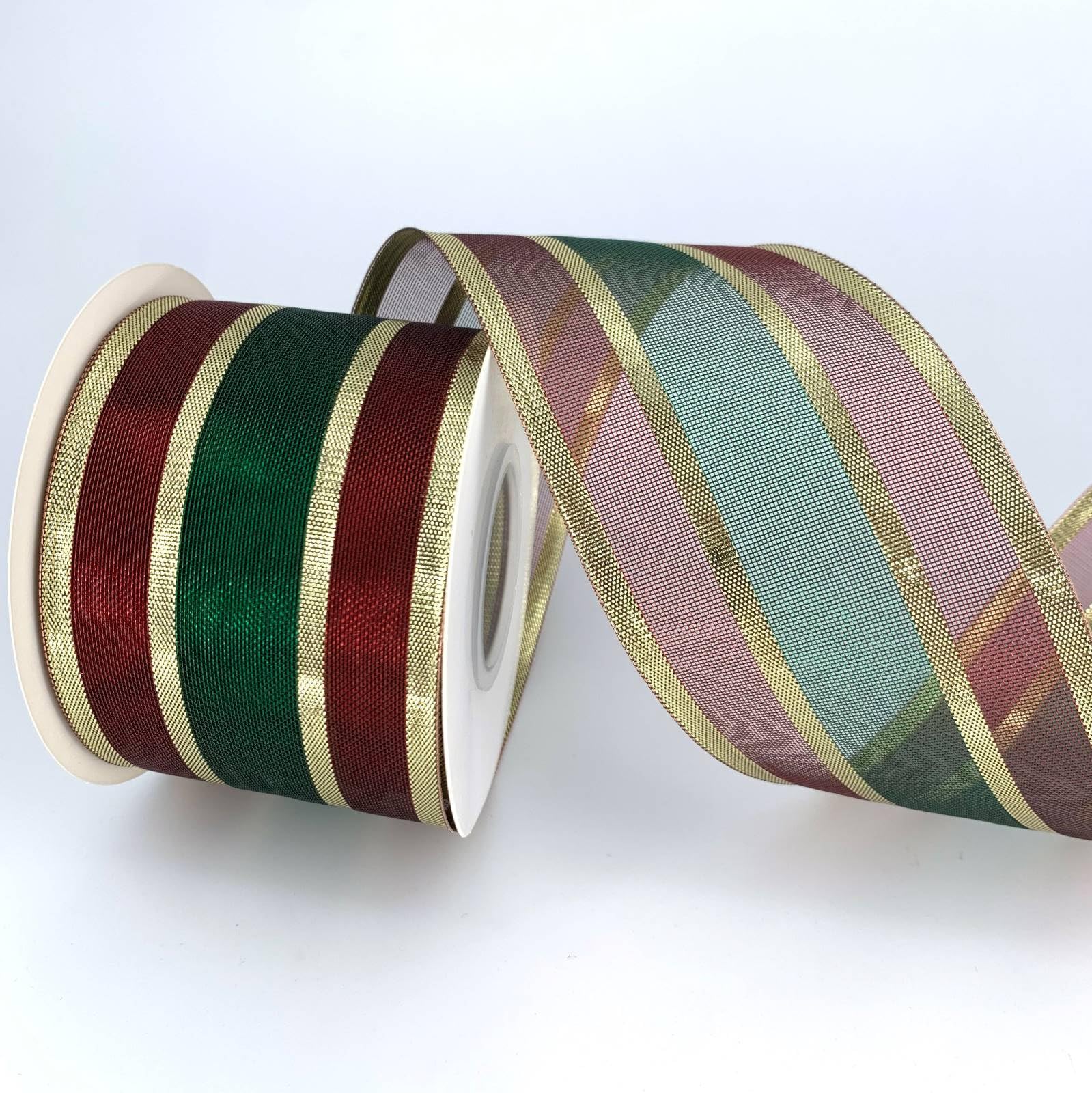 XMRIBBON Metallic Christmas Wired Ribbon Gold Red Green Striped Ribbon - 2 1/2" x 10 Meters,for Gift Wrapping, Tree Topper, Garland, Wreath