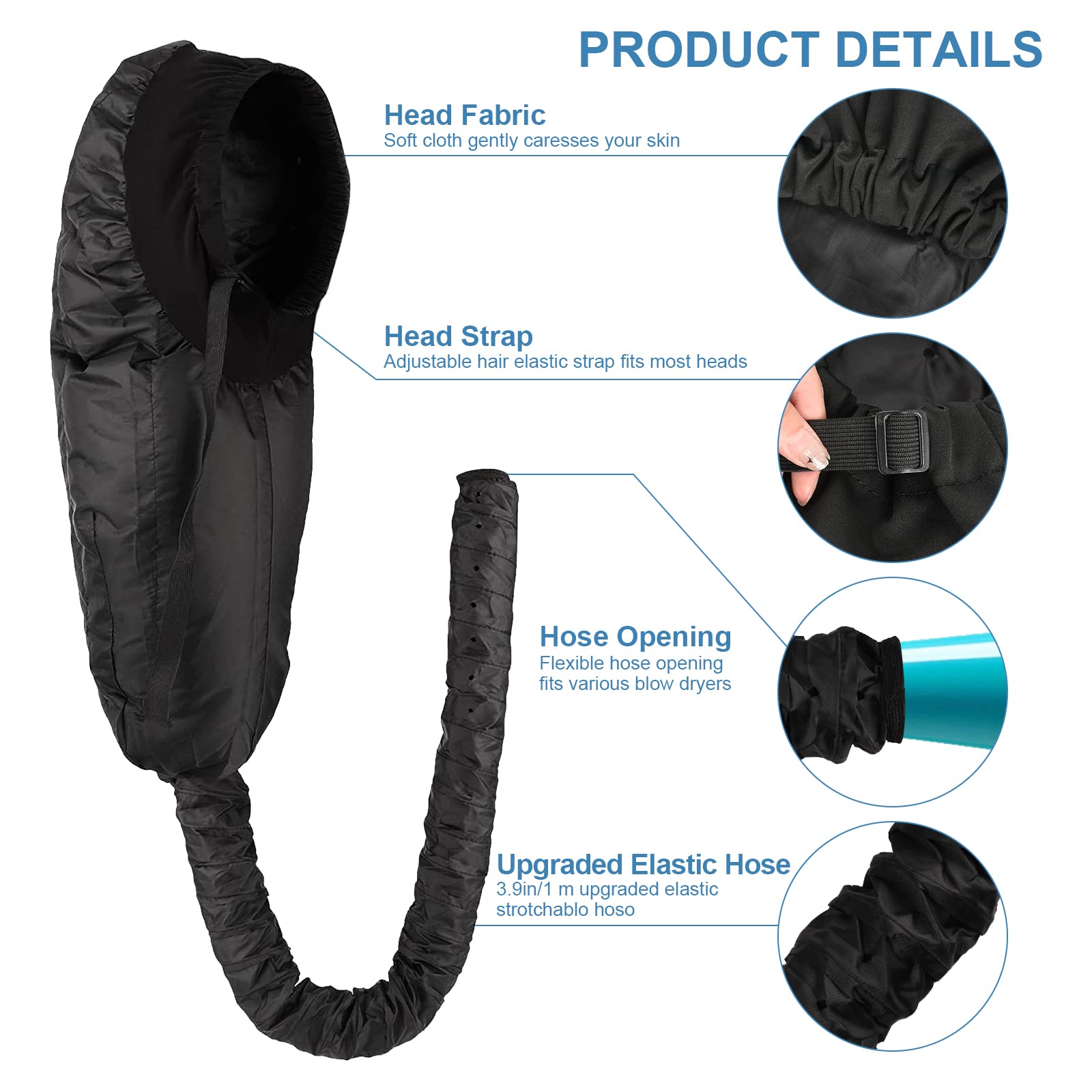 LYHZLBAY Black Extra Large Soft Hair Dryer Cap, Fast Drying, Ideal for Travel, Stretchy Hoses up to 39.37 inches