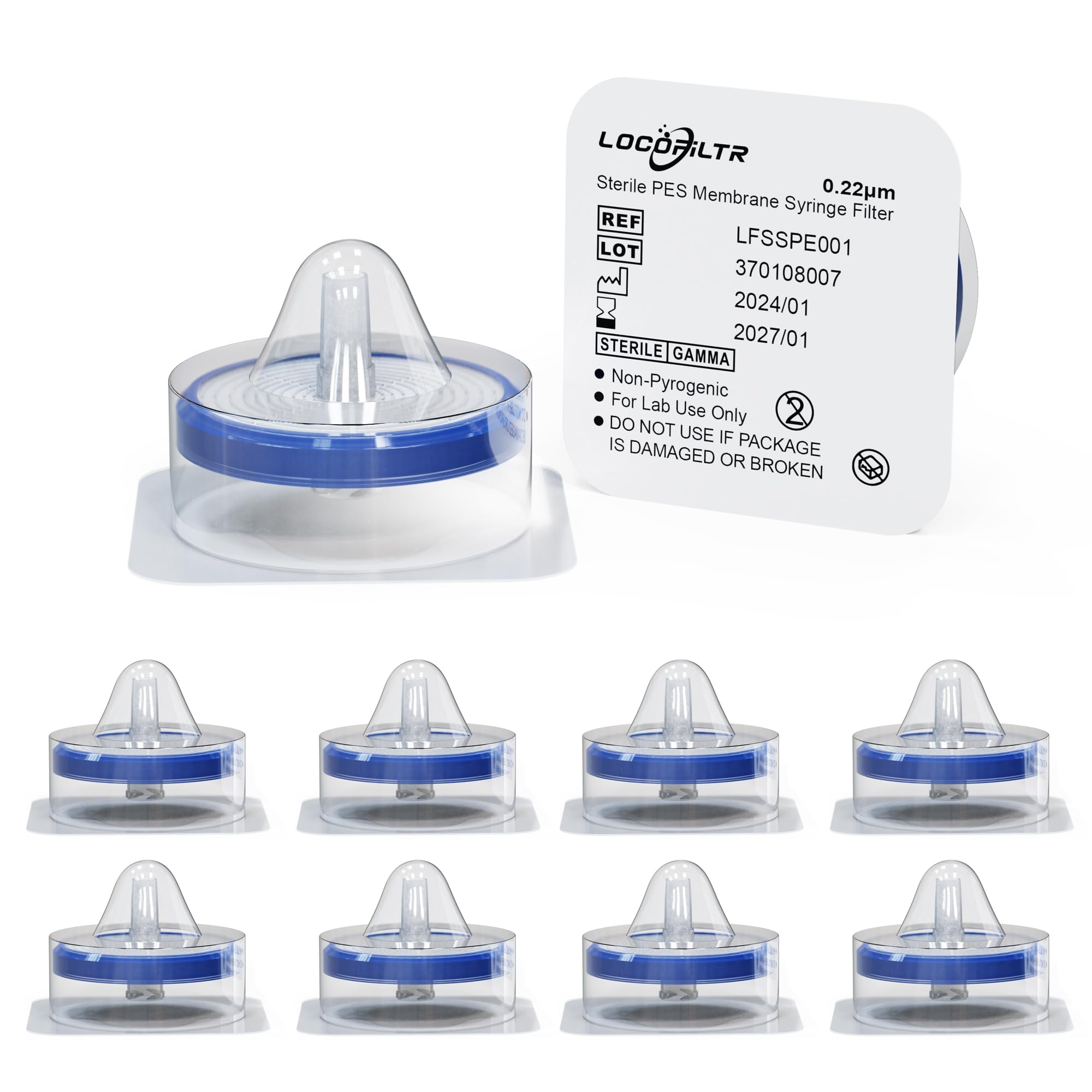 Syringe Filters 0.22um Sterile PES, Micron Filter Syringe Lab Filters, Hydrophilic PES Membrane, 33mm Diameter, .22um Pore Size, Individually Packed, 50/pk by Locofiltr