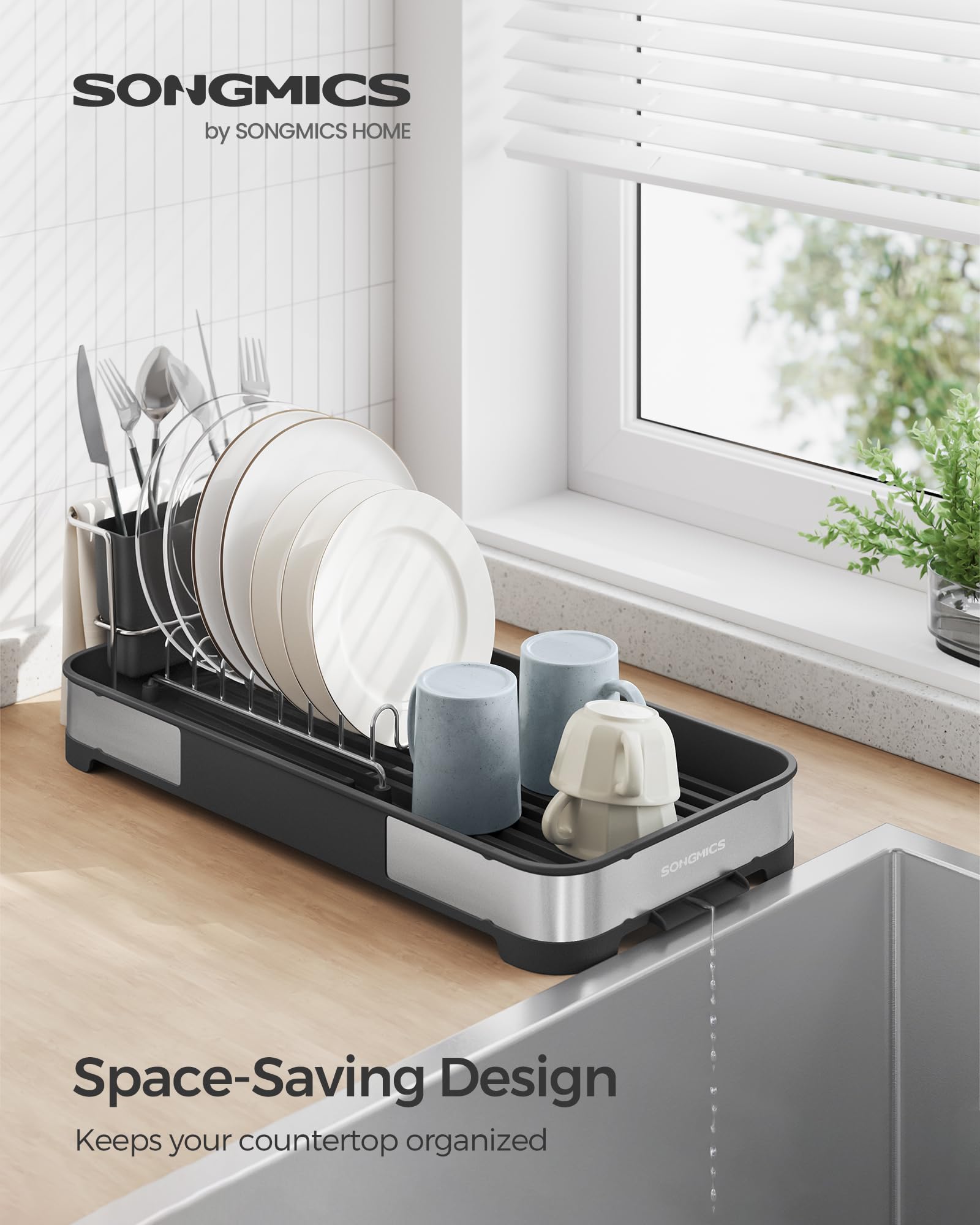 SONGMICS Small Dish Drying Rack, Dish Dryer for Kitchen Counter, Stainless Steel Dish Rack with Drain, Utensil Holder, Rustproof, for Dishes, Knives, Spoons, Forks, Silver and Black UKCS034B01