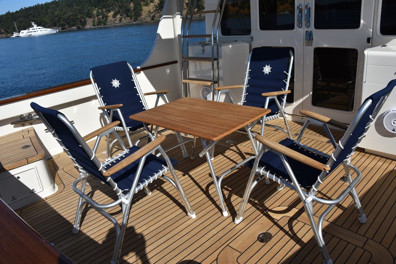 FORMA MARINE Boat Chairs High Back Navy Blue Deck Folding Marine Aluminum Teak Furniture Set of 2 M150NB