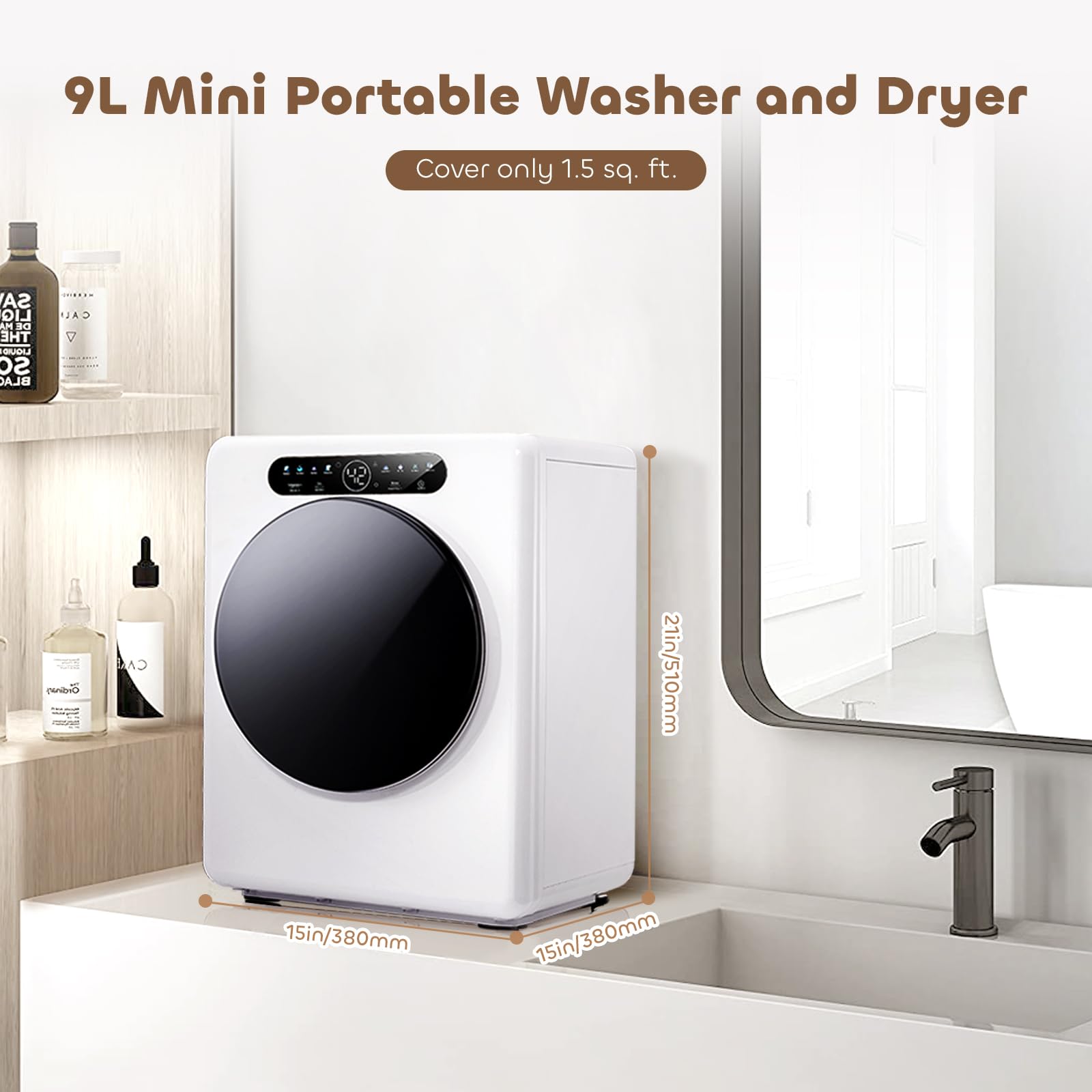 TECSPACE 2 In 1 Mini Portable Washer And Dryer Combo, 9 L Mini Washing Machine With 24 Hours Reservation Mode and High-temperature Stain Removal for Baby Clothes, Underwear (9L)