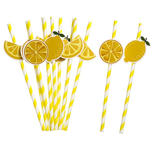Lemon Biodegradable Paper Straws,Lemon Birthday Party Striped Decorative Straws - Set of 20.