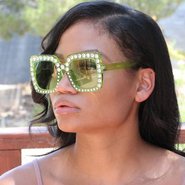 FLAWLESS Oversized Square Frame Bling Rhinestone Crystal Design Sunglasses For Women (Green)