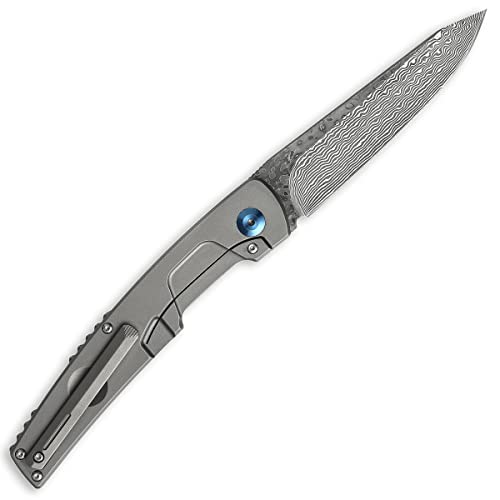 Miki Camping Pocket Folding Japanese Knife, Titanium Handle, Frame Lock, Handmade Damascus Steel Blade, Leather Sheath