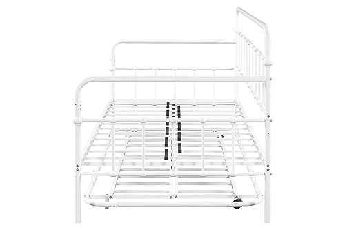 Oudiec Twin Size Metal Daybed with Trundle, Sofa Bed Frame Steel Slat Support for Teenagers/Adult Bedroom, Space Saving Design & No Box Spring Needed, White