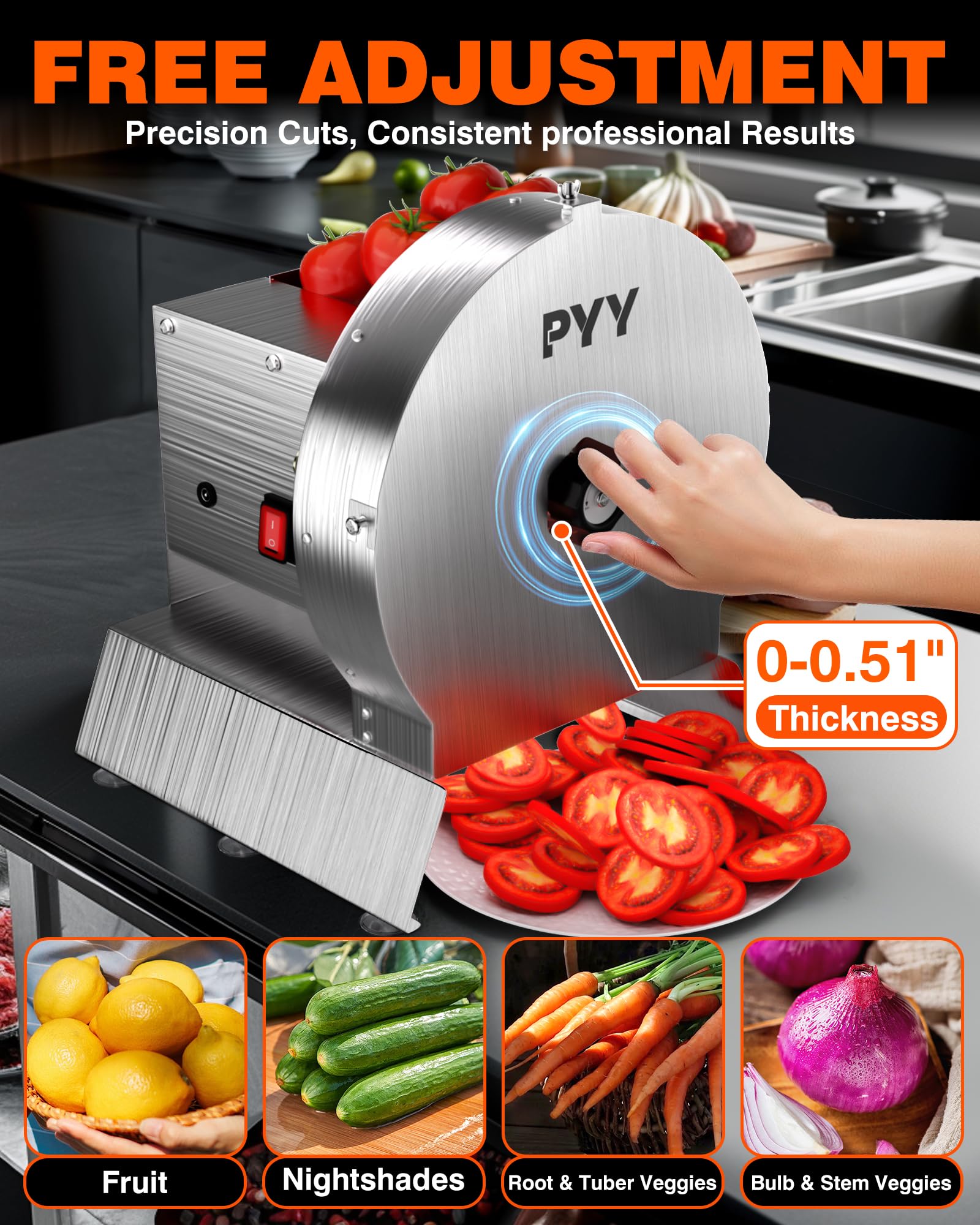 PYY Commercial Electric Vegetable Fruit Slicer - 120W Cabbage Onion Potato Cutter with 10 inch Blade for Home Automatic/Manual 0-0.5 Inch Adjustable Thickness Shredder, Stainless Steel Cutting Machine