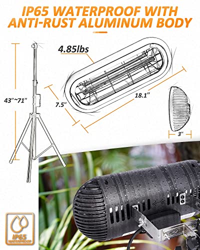KUTON Outdoor Electric Heater, 1500W Infrared Patio Heater, Standing Indoor Heater with Telescopic Tripod, Tip-Over & IP65 Waterproof For Garage Backyard, Angle Adjustable, YD-SH-B