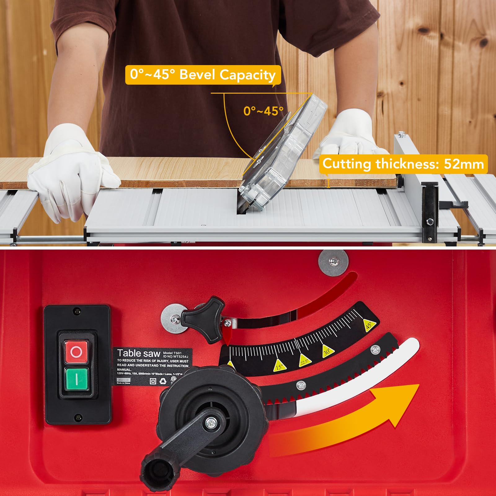 Table Saw, 10In Portable Table Saw 1800W, Cutting Speed Up to 5000RPM, 90°Cross Cut & 0-45°Cutting, Adjustable Blade Height for Woodworking, DIY Working