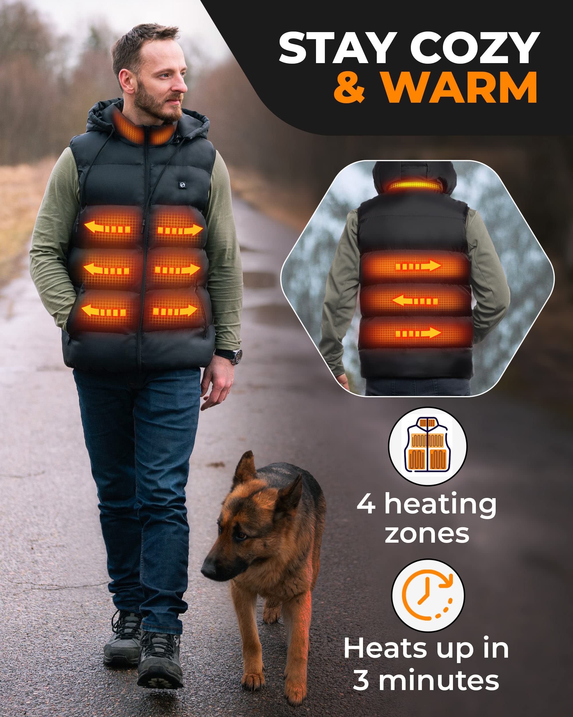 Foxelli Men's Heated Puffer Vest - Lightweight, USB Rechargeable Black Vest for Men, Men’s Winter Outerwear Vest with Battery