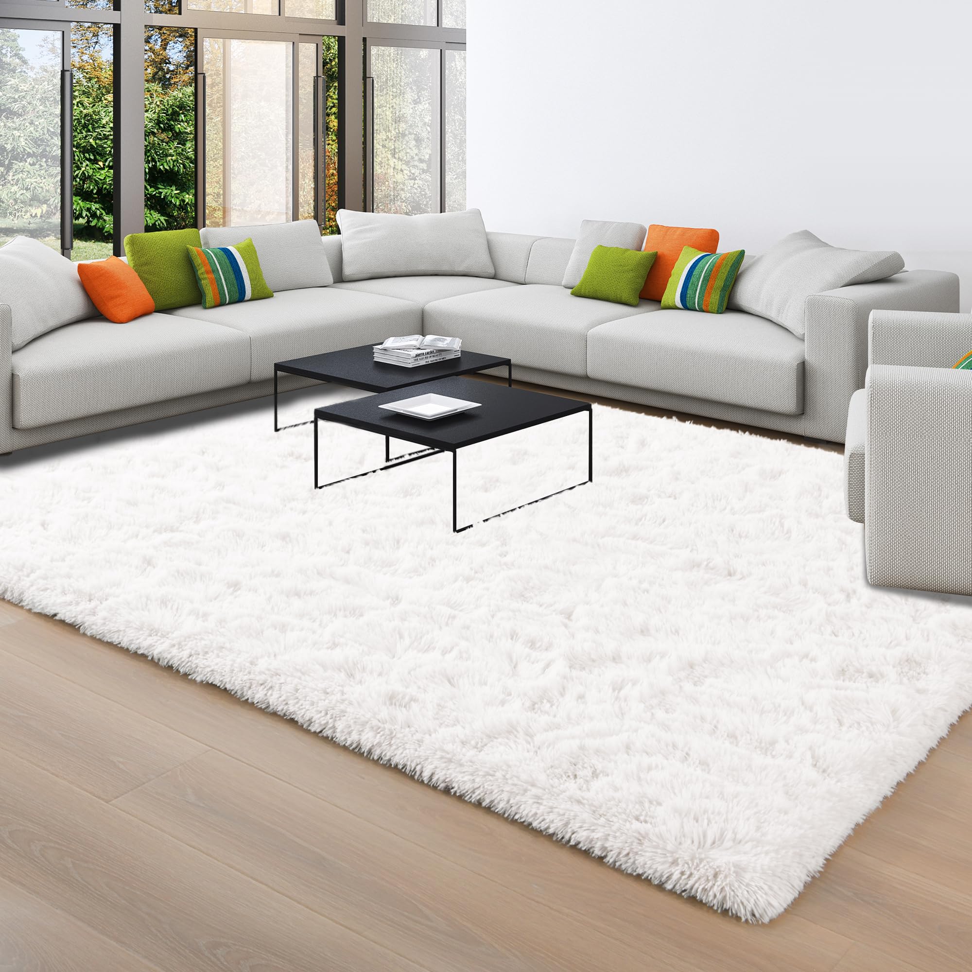 Foxmas Soft Area Rug for Living Room 8x10 Feet, Washable Large Fluffy Bedroom Rugs Thick Shaggy Carpet with Non-Slip Bottom for Kids Girls Dorm Room Modern Indoor Home Decor, Cream