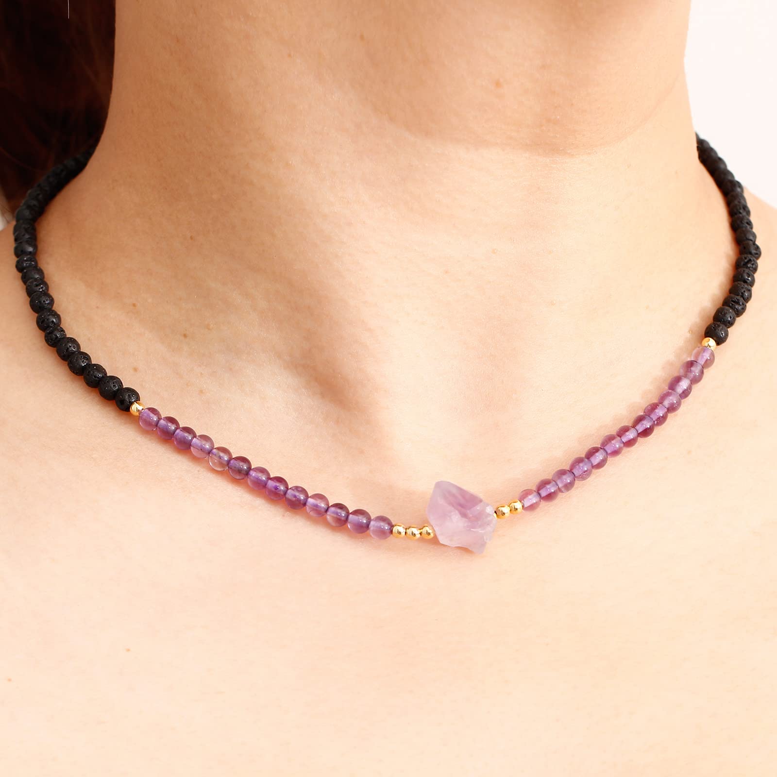JEWME Hand Beaded Natural Crystal Rough Volcanic Stone Amethyst Necklaces Essential Oils Diffuser Stone Reiki Energy Balance Unisex