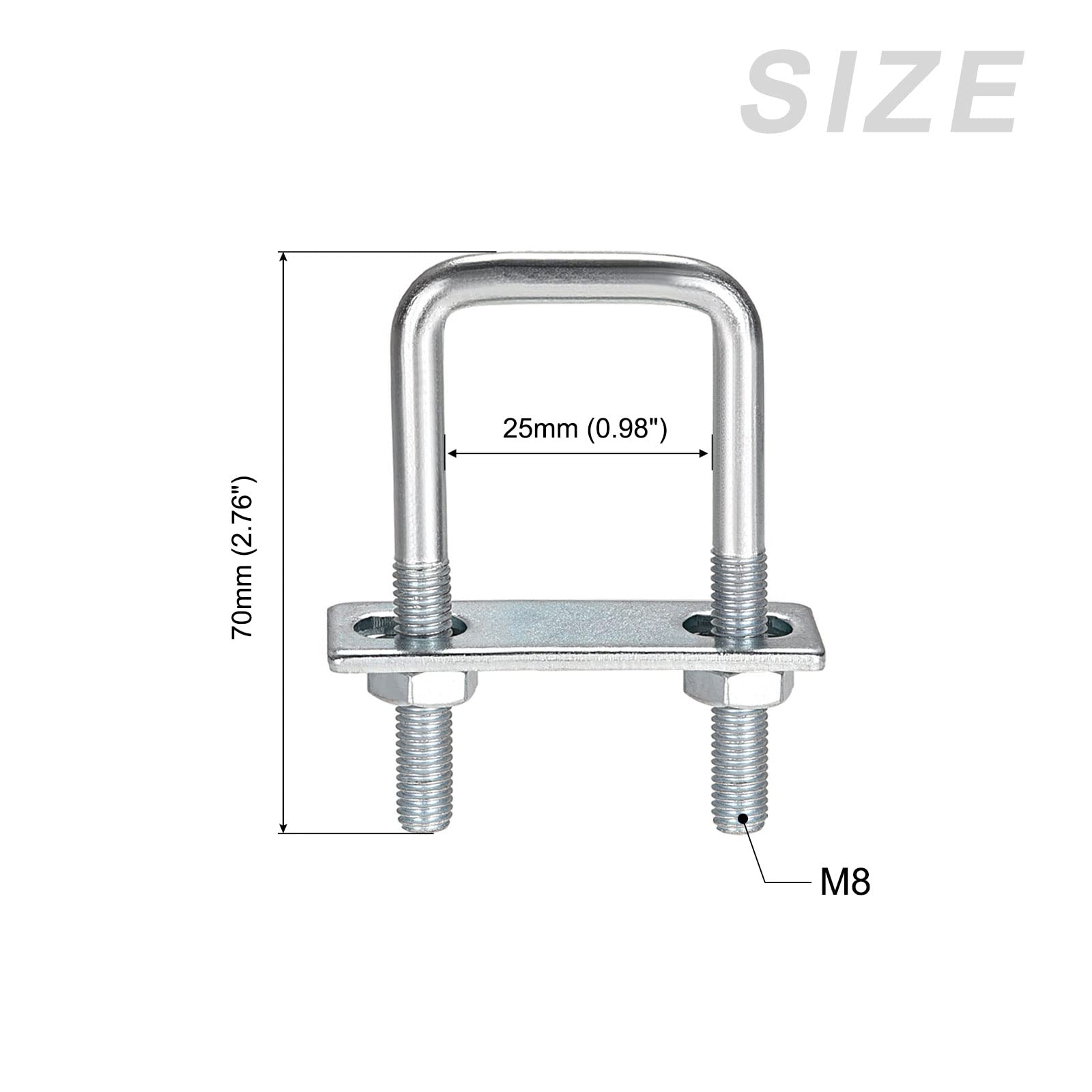 METALLIXITY U Bolts 4 Sets (M8x25x70mm), Square U Bolt Carbon Steel with Accessories - for Construction, Pipe