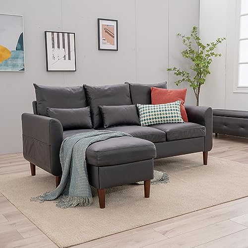 Panana Convertible Sectional Sofa Couch, 2 and 3 Seat L Shaped Sofa with Armrest Small Couch Ottoman for Living Room, Apartment and Office (Track Arms, 3 Seats with Ottoman)