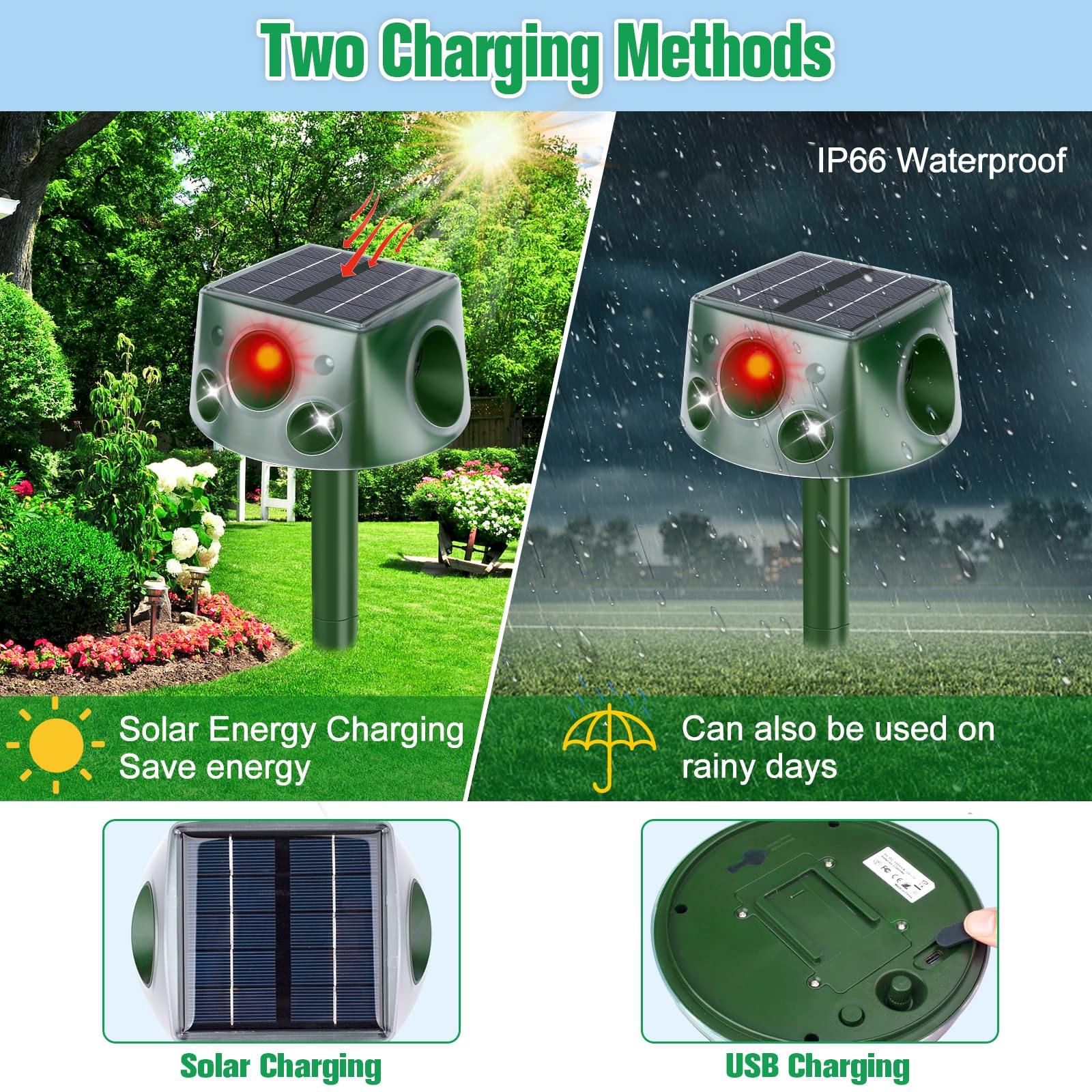Solar Ultrasonic Animal Repeller, 2024 New 4 Sided 360° Cat Repellent Outdoor with 7 Modes Adjustable, IP66 Waterproof, Double-Sided Flashing Light & Ultrasonic Speaker for Cat Squirrel Bird Dog Deer