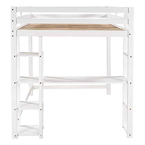 MOEO Full Size Loft Bed with Desk and Shelves, Wooden Style Bedframe for Kids, Adults, Teens,No Box Spring Needed, White