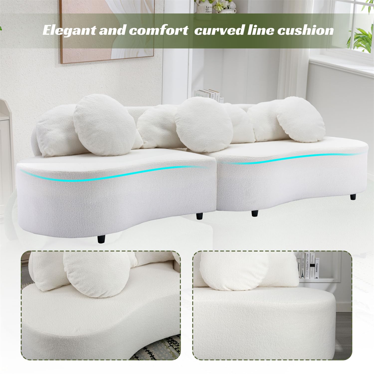 Polibi 103.9" L Modern Sofa with 3 Pillows, Velvet Upholstered Couch Unique Curved Shape for Living Room, Bedroom, Office, Beige