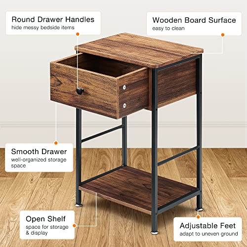 SunnyFurn Nightstand with 2 Tier Storage Shelf,Bedside Table for Living Room and Bedroom,Easy to Install Side Table,End Table with Drawer Shelves for Small Space,Set of 2 Brown