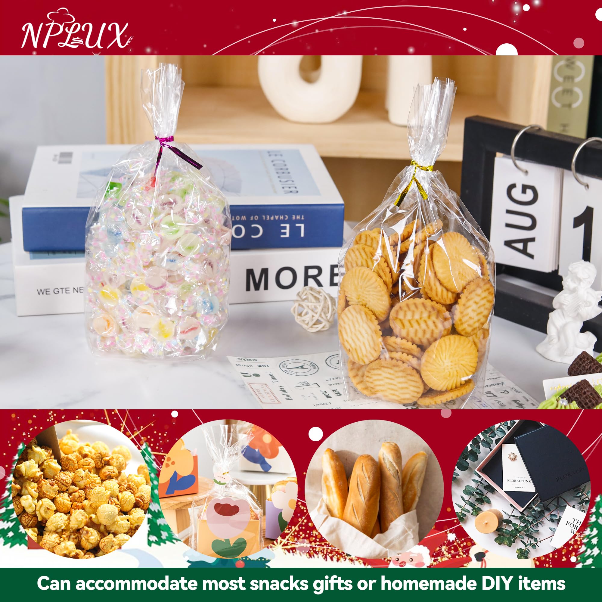 NPLUX 100 Pack Cellophane Bags,Clear Flat bottom Cellophane Treat Bags with 100 Pack Twist Ties for Candy Popcorn Cookie Small Gift Wrapping(6×9×2.4 Inches