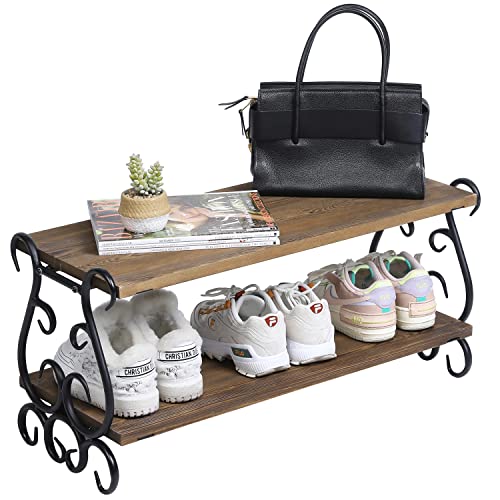 MyGift 2 Tiered Solid Burnt Wood Shoe Rack Storage Bench with Vintage Metal Scrollwork, Entryway Foyer Mudroom Shoe Organizer