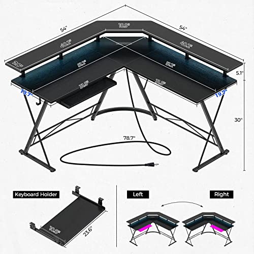 Rolanstar L Shaped Computer Desk with LED Lights and Power Outlets, 54" Gaming Desk with Keyboard Tray, Corner Desk with Monitor Stand, Home Office Desk with Hook, Black