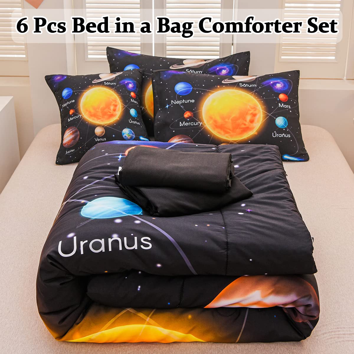 Tasselily Twin Size Comforter Sets for Boys, Space Bedding Set Twin Bed in a Bag, 6 Pcs Universe Planet Galaxy Comforter Set with Sheets