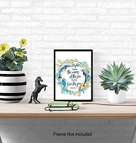Ocean Dolphins Bible Verse Religious Wall Art - Inspirational Quote Christian Scripture Room Decoration for Bathroom, Bedroom - Nautical Beach House Poster - Mightier Than the Waves Blue Wall Decor