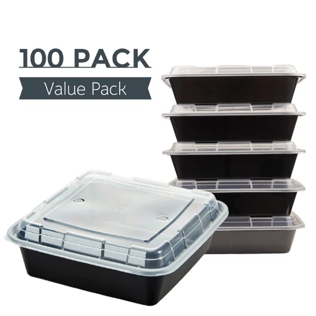 Sunrise Pak [100 Sets] 48oz Square Meal Prep Containers, Black Plastic Containers, To Go Container, Bento Box, Lunch Box, Food Storage Container, BPA Free, Reusable (SR8148B)