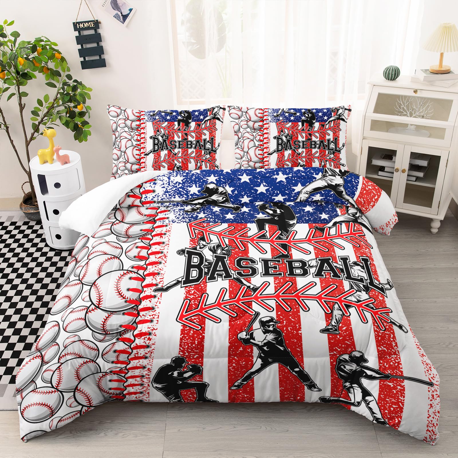 Ntlfup Baseball Comforter Set, American Flag Bedding Full Size for Adult Girls Kids, Ball Games Sports Theme Duvet Set for Room Decor