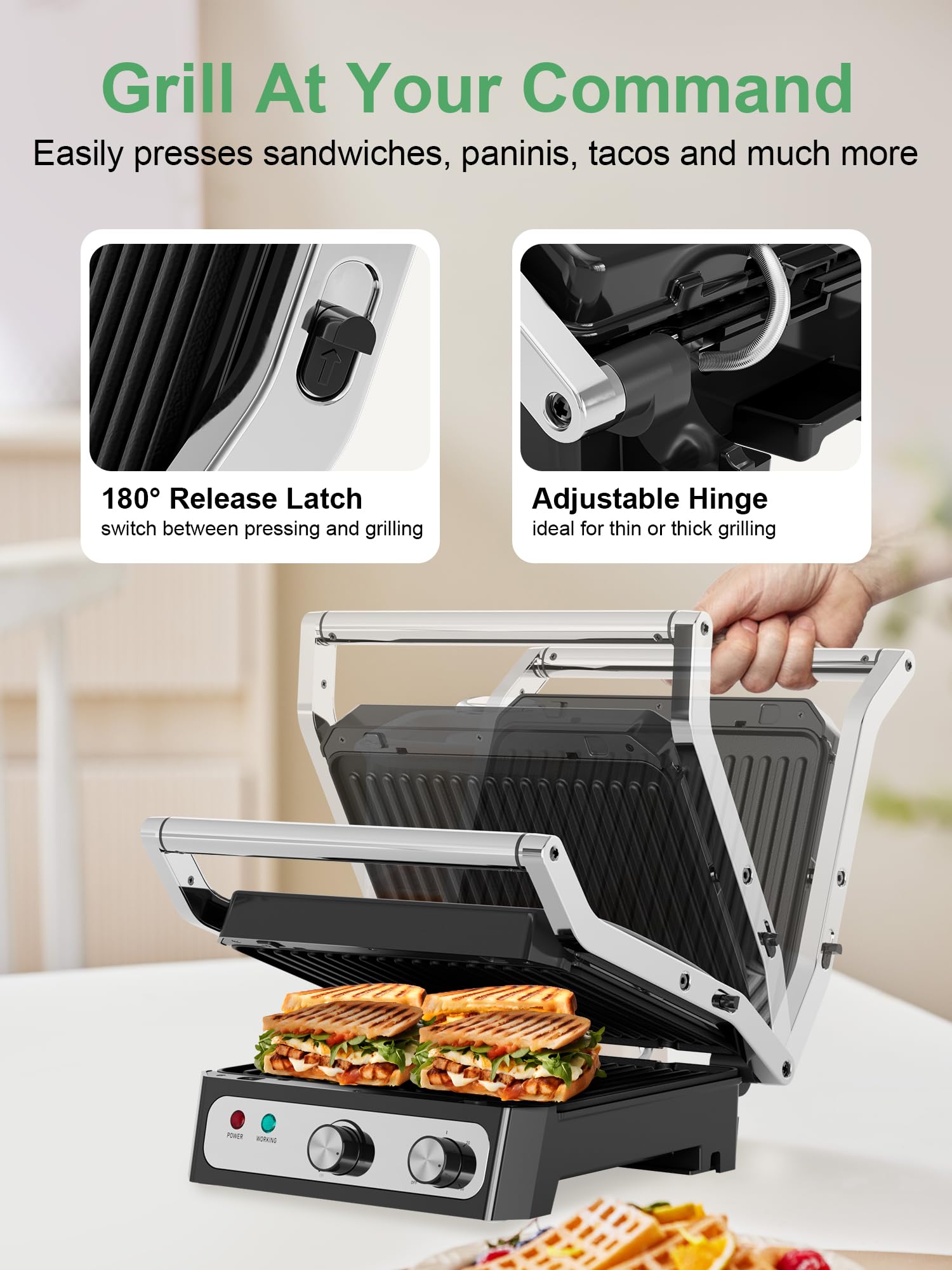 Panini Press Sandwich Maker - CACHOO Electric Indoor Grill with Temperature & Timer Control, 4-Slice Breakfast Sandwich Maker for Quesadillas, Burgers, Removable Plates with 180° Opening