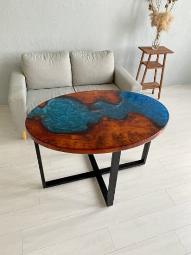 Oval Shape Epoxy Coffee Table with Blue Resin River, Custom Round Acacia Wood Side Circle, Wide Blue Resin River, Blue River Epoxy Table (18X18)