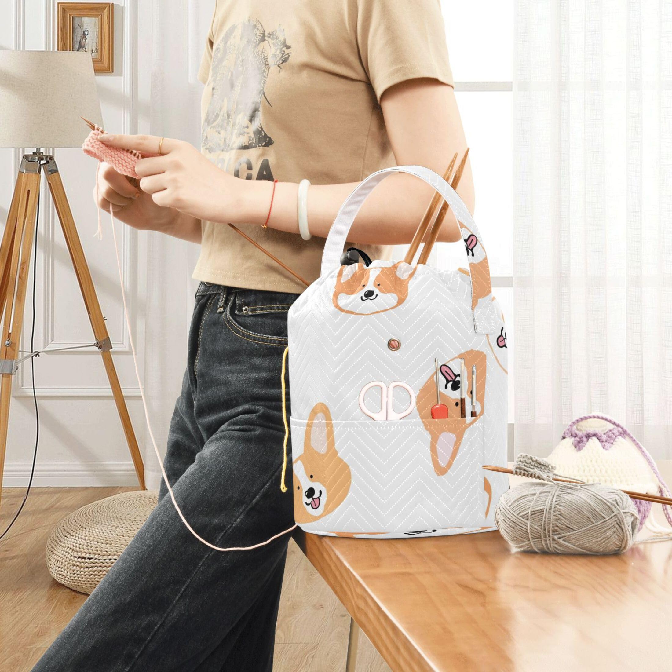 Qilmy Dog Face Crochet Bag Organizer, Knitting Bag Yarn Storage Organizer, Portable Travel Crochet Organizer with Accessories Case, Yarn Storage Organizer