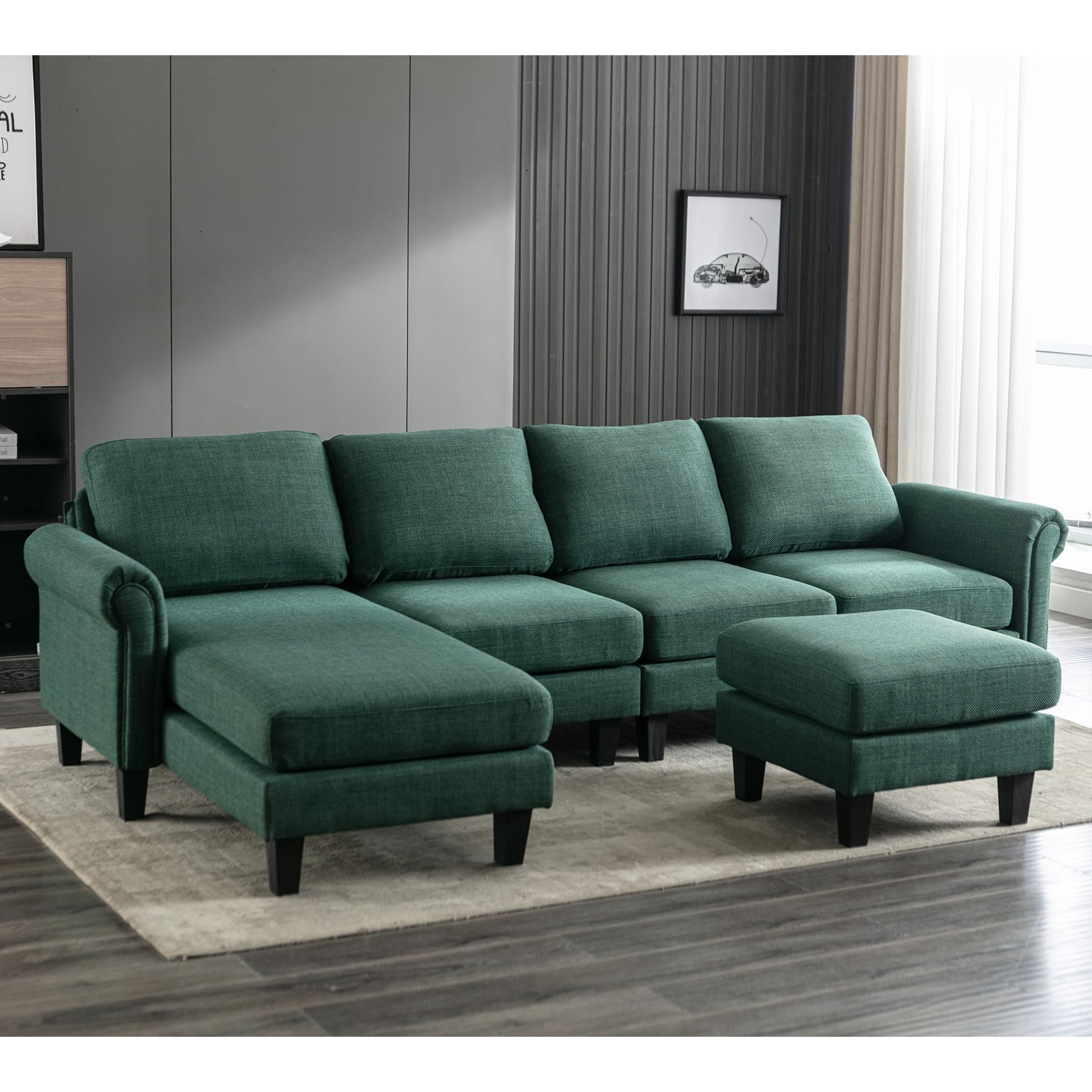 OUYESSIR U-Shaped Sectional Sofa Couch, 4 Seat Sofa Set for Living Room, Convertible L-Shaped Linen Couch Set with Chaise Lounge, Ottoman and Pillows,109 inches (Emerald Green)