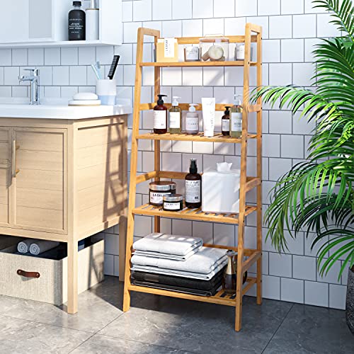 SHUANGZ Bamboo Bookcase 4-Tier, Multifunctional Bathroom Ladder Shelf Plant Flower Stand Rack Display Storage Organizer Shelves, Natural ZZSC