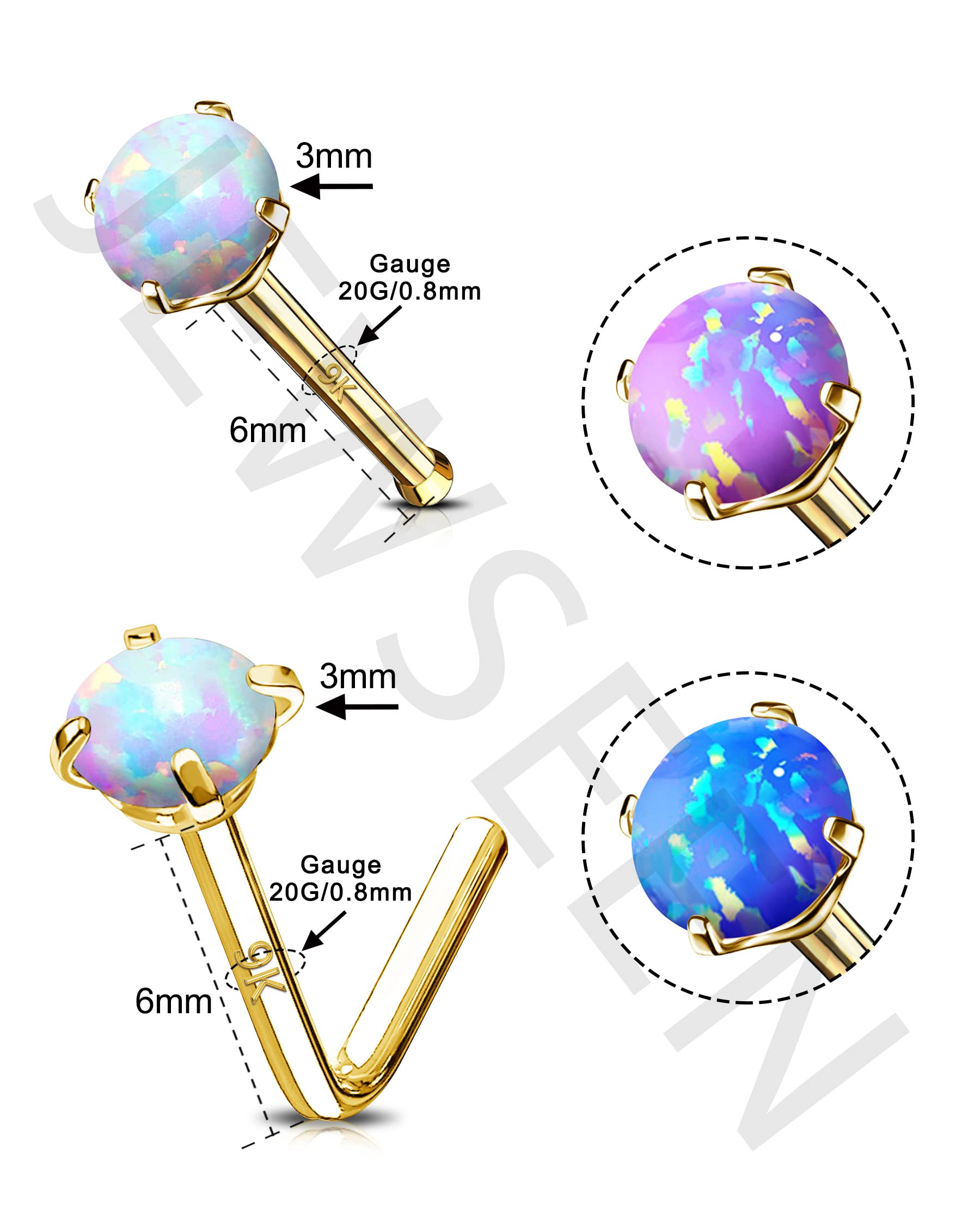 Jewseen 9K Solid Gold Opal Nose Studs 20G Nose Rings L-Shaped Nose Piercing Jewelry Nose Bone Studs Nostrial Piercing Jewelry for Women and Men