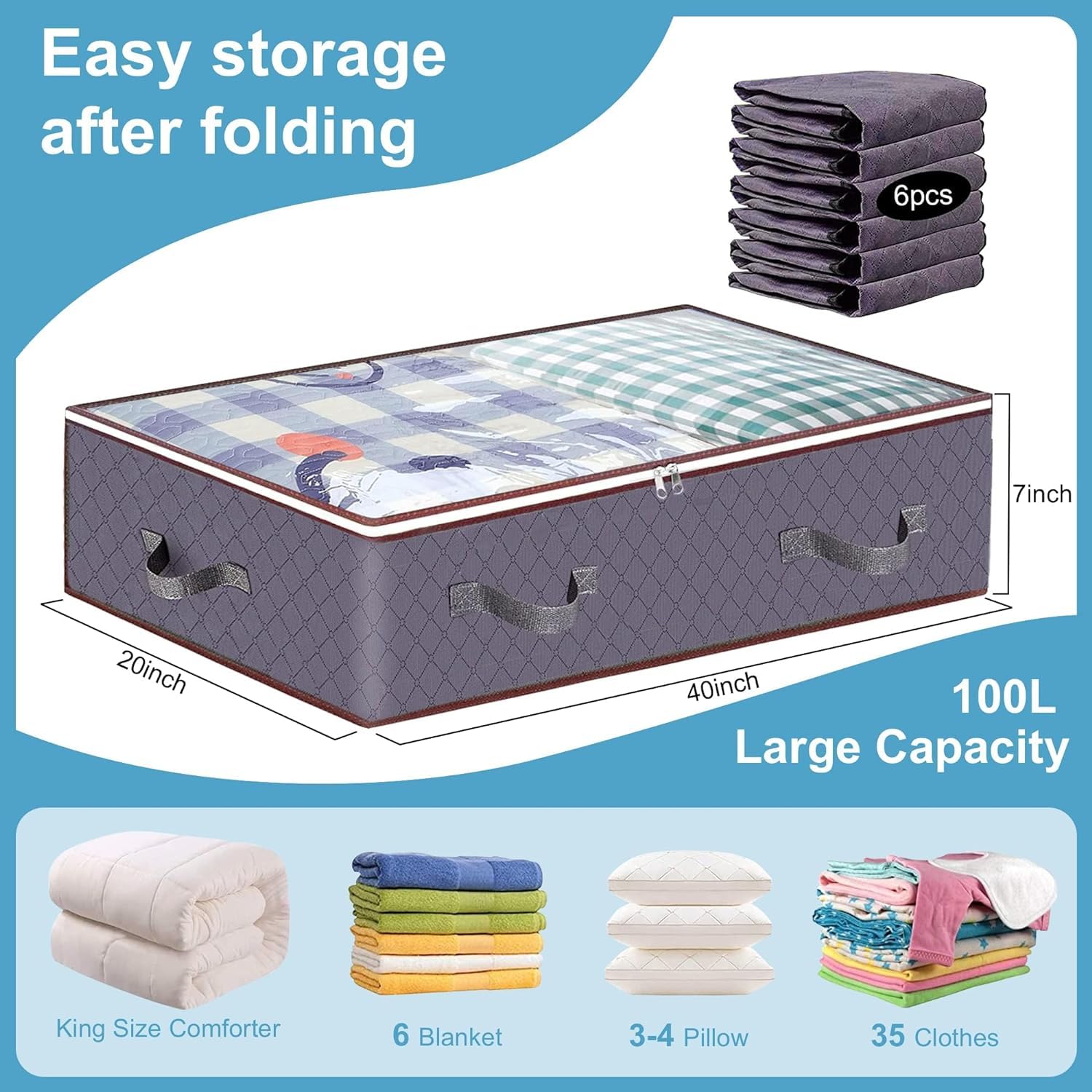 woekwo 4 Pack Underbed Storage Bags 100L Foldable Clothes Bag Large Capacity Storage Containers with Clear Window, Reinforced Handles, Zippered Organizer, Breathable Non-Woven for Comforters Blankets