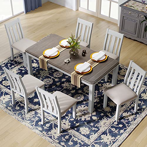 ODC Retro Style 7-Piece Kitchen Dining Sets for 6-8, Rustic Farmhouse Wood Extendable Table with 6 Upholstered Chairs, Ergonomically Design Kitchen &Restaurant Furniture for Six, White