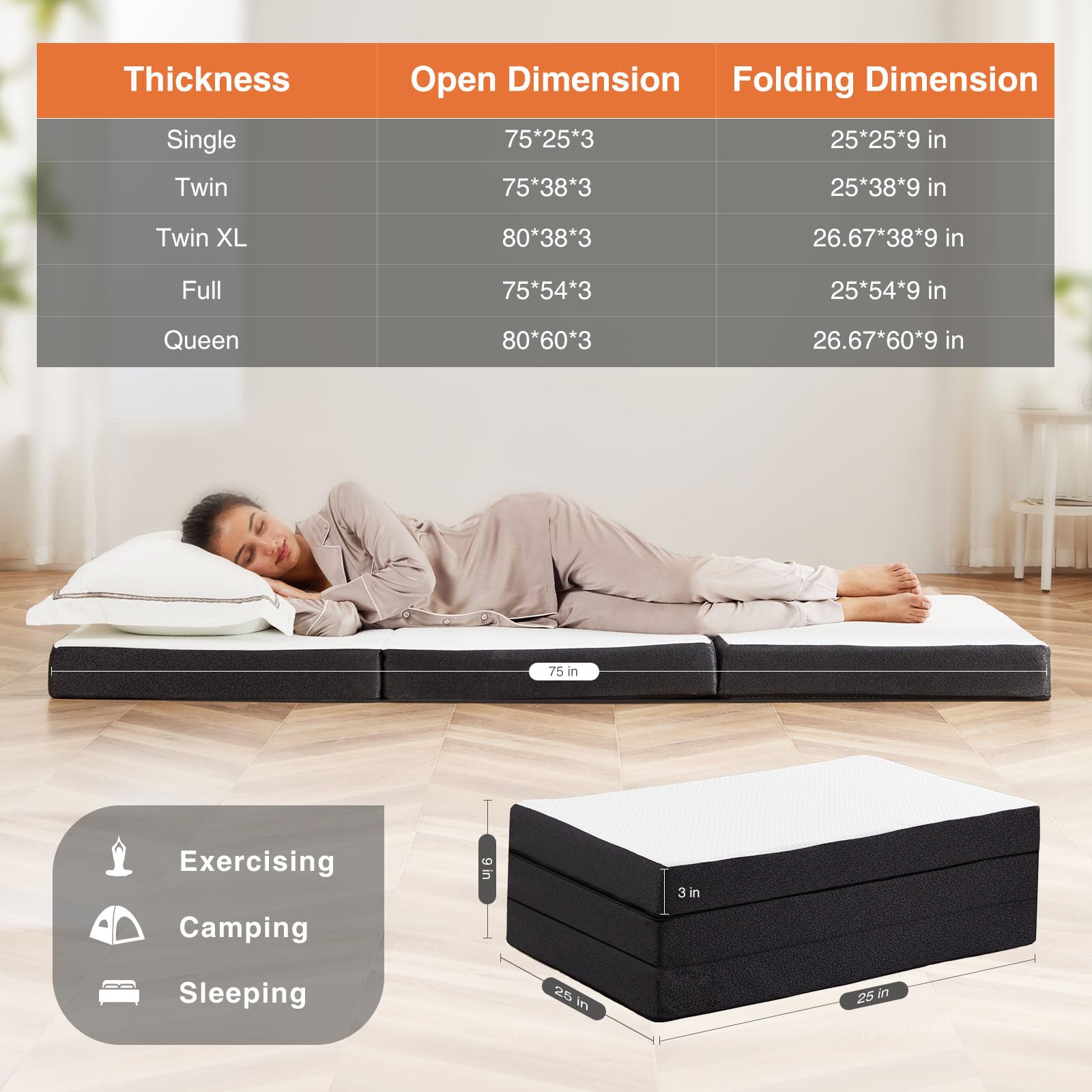 Sweetcrispy Tri Folding Mattress - 3 inch Single Size Memory Foam Floor Mattress for Camping, Foldable Portable Mat with Washable Cover, Yoga