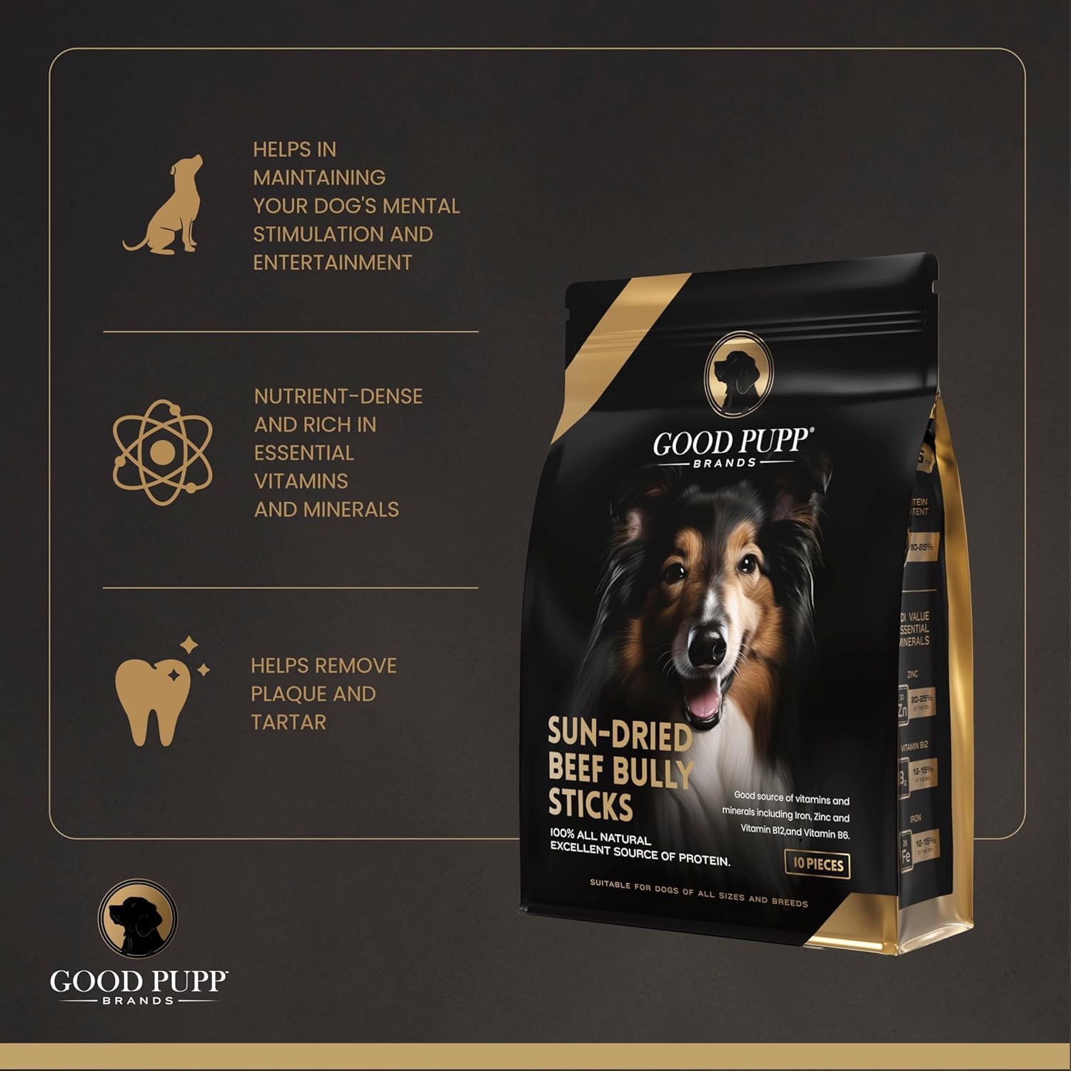 The Good Pupp 100% Natural Beef Bully Sticks for Dogs - 9 Inch, Sun-Dried, Rough Cut Bully Sticks, Large Dog Bully Chews, Rawhide-Free (10 Pack)